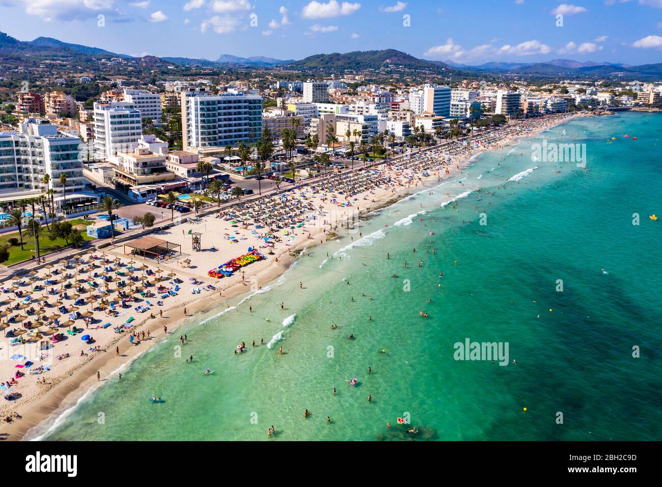 Spain, Balearic Islands, Cala Bona, Aerial view of resort town and ...