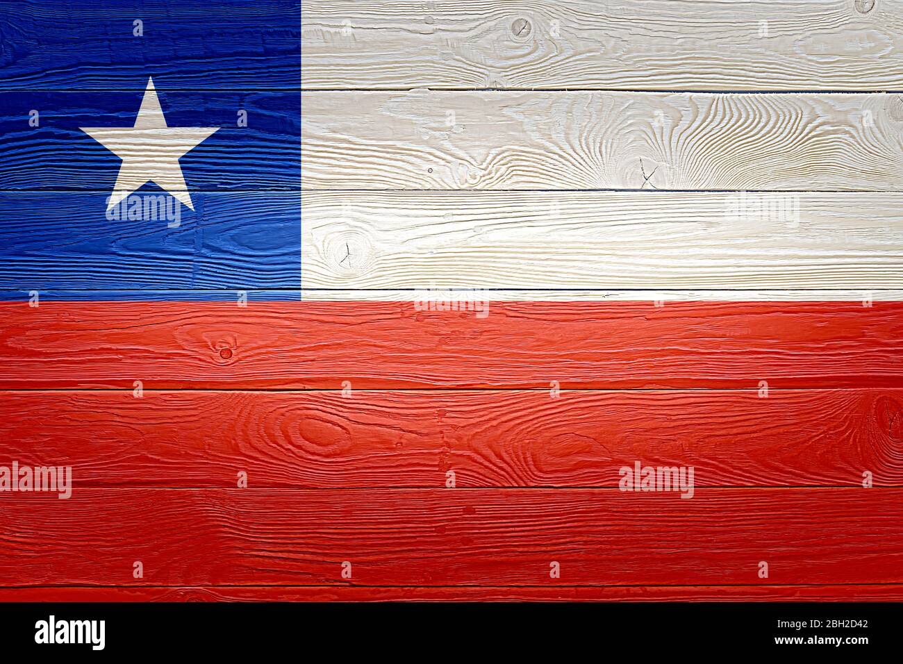 Chile flag painted on old wood plank background. Brushed natural light ...