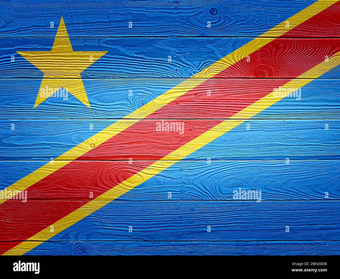 Congo flag painted on old wood plank background. Brushed natural light ...