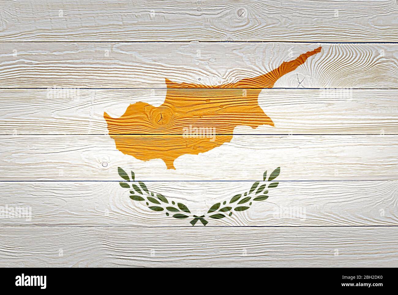 Cyprus flag painted on old wood plank background. Brushed natural light ...