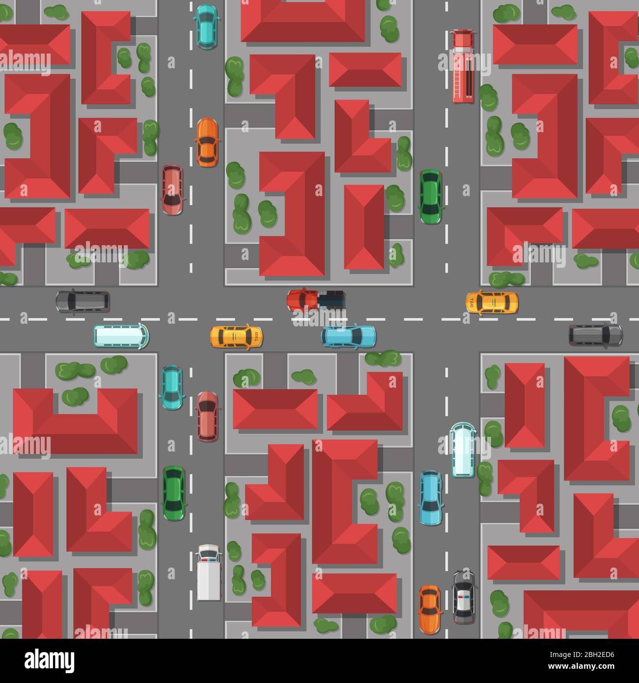 Vector top view city with house rooftops and trees, cars on the roads ...