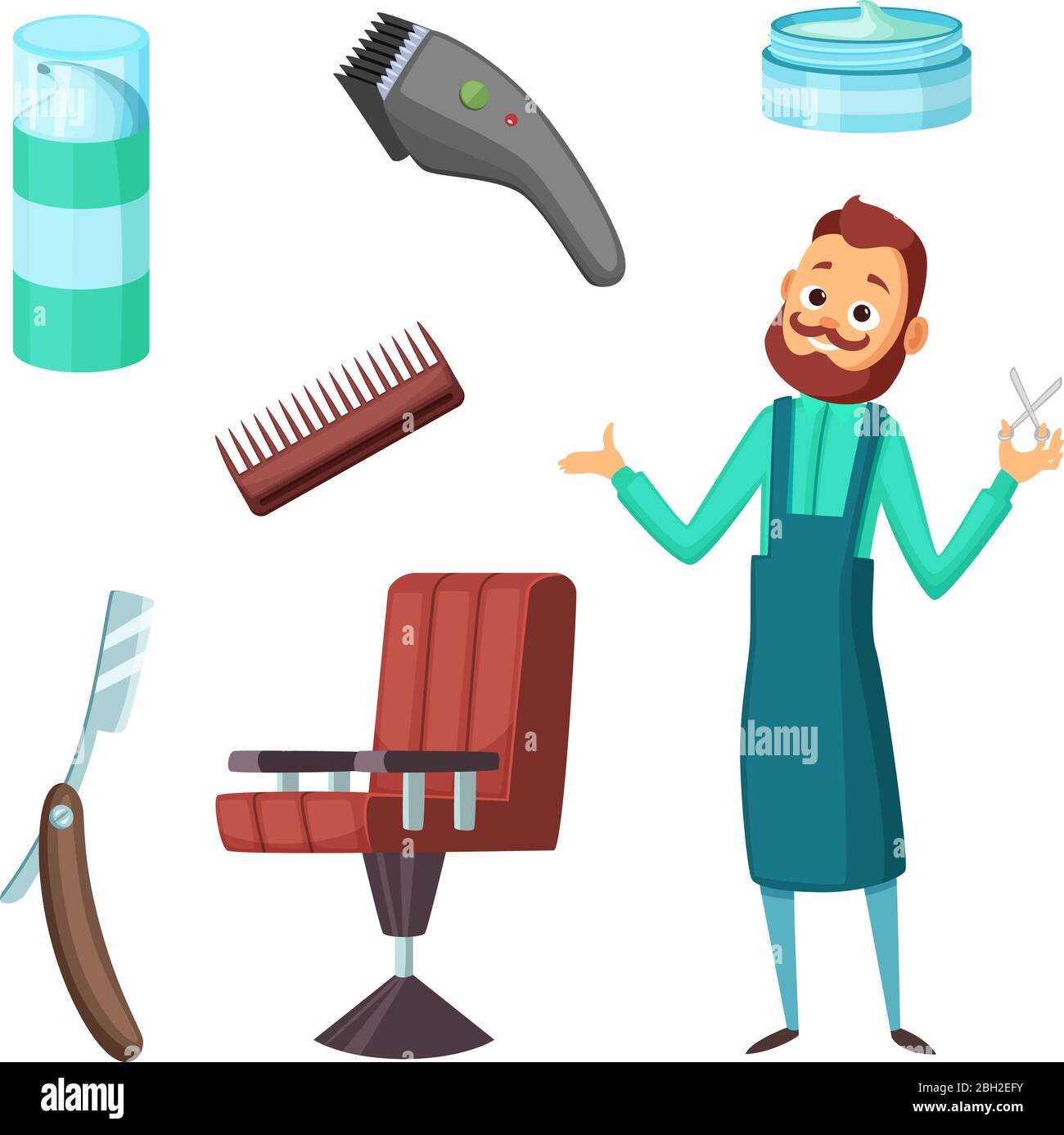 Barber at work and different illustrations of barbershop tools. Vector ...