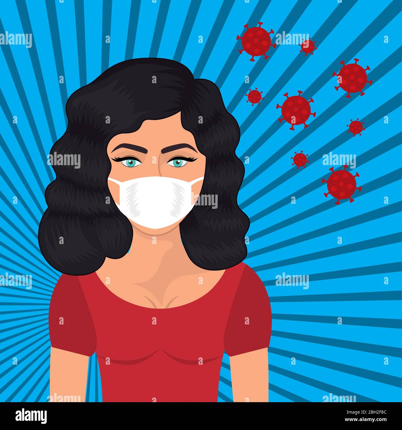 Pop art woman with mask over striped background vector design Stock ...