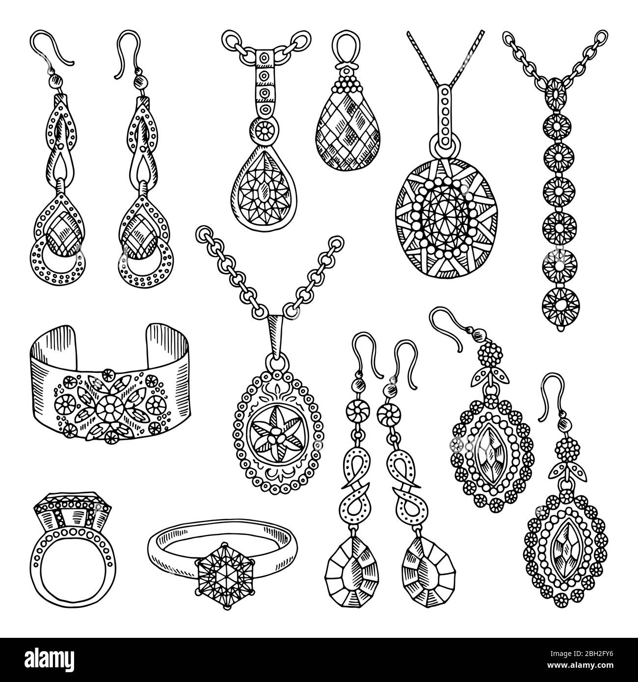 Hand drawn pictures set of luxury jewelry. Vector illustrations ...