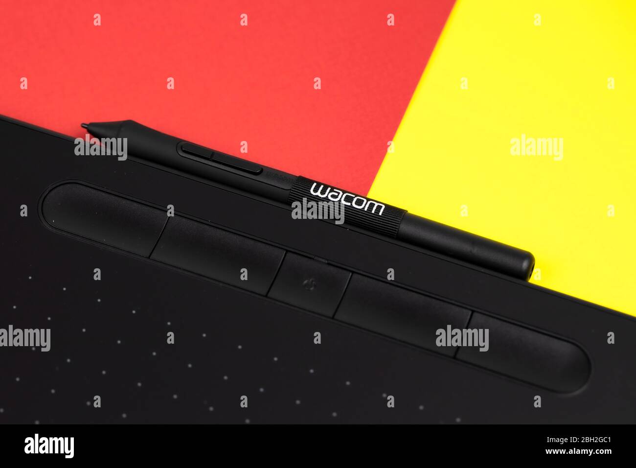 Kazo-shi, Japan 22.04.2020: Pen tablet Wacom Intuos M Wacom logo close ...