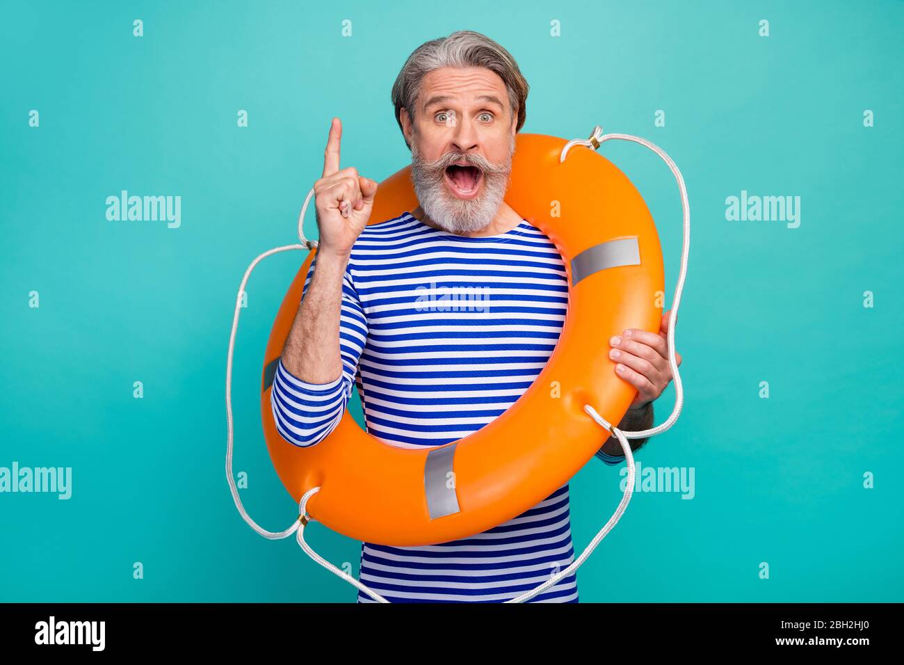 Photo of attractive aged seaman raise index finger genius orange ...