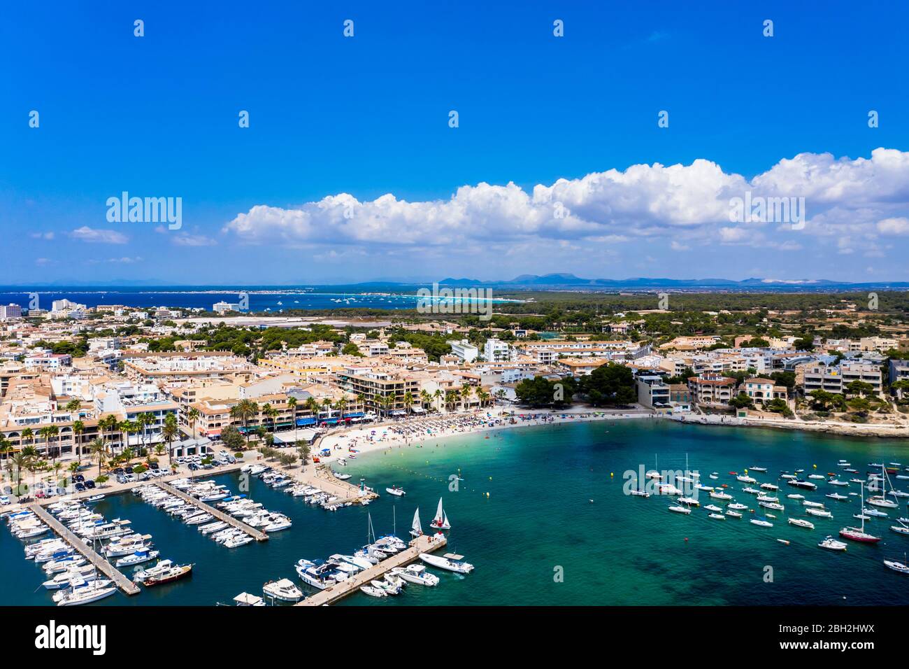 Spain, Balearic Islands, Colonia de Sant Jordi, Aerial view of harbor ...