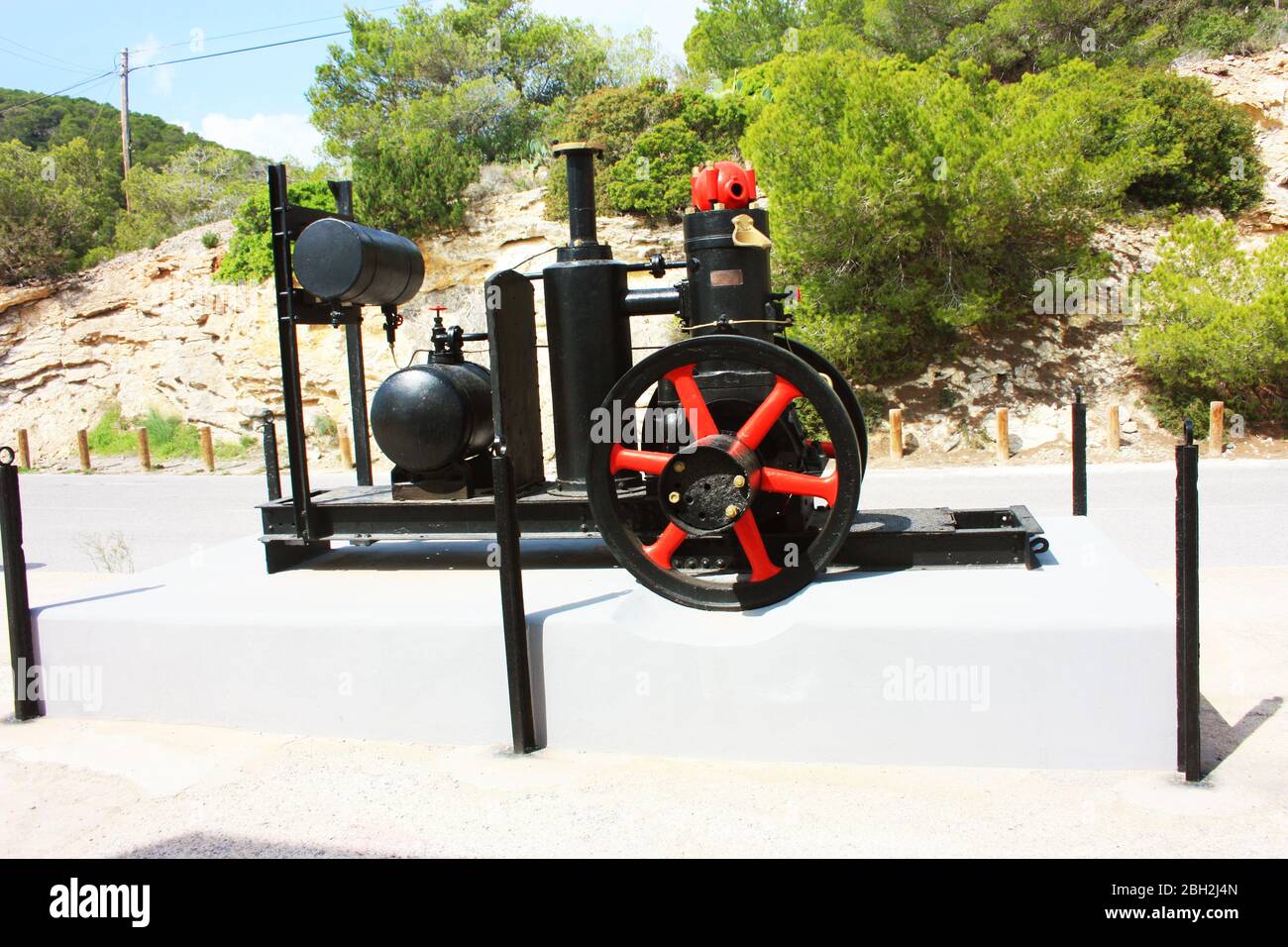 exhibition of an old steam train in the black and red life size machine ...