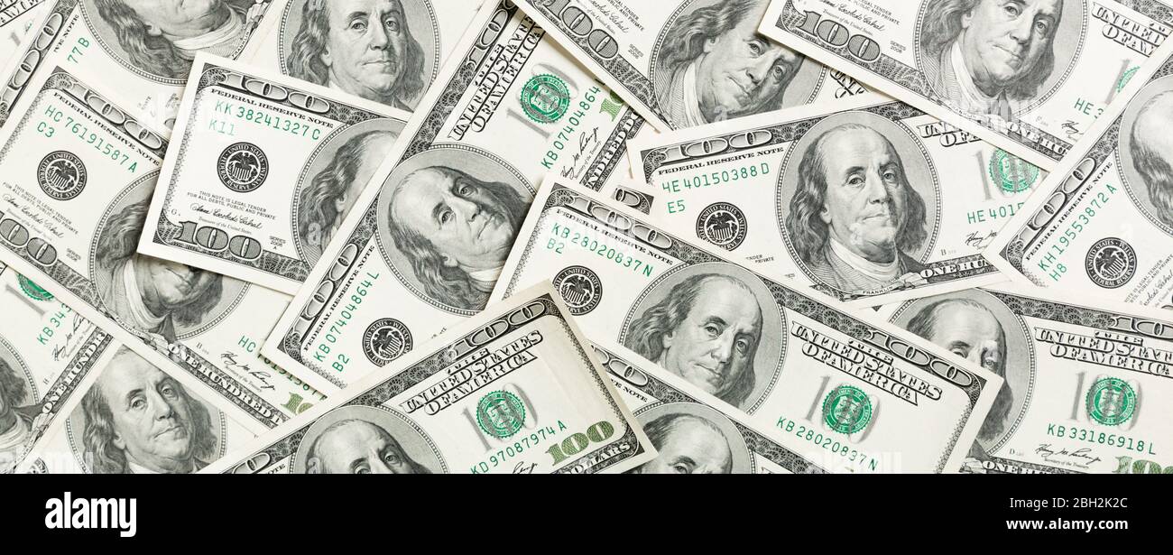 Top view of one hundred dollar banknotes made as a background. USD ...