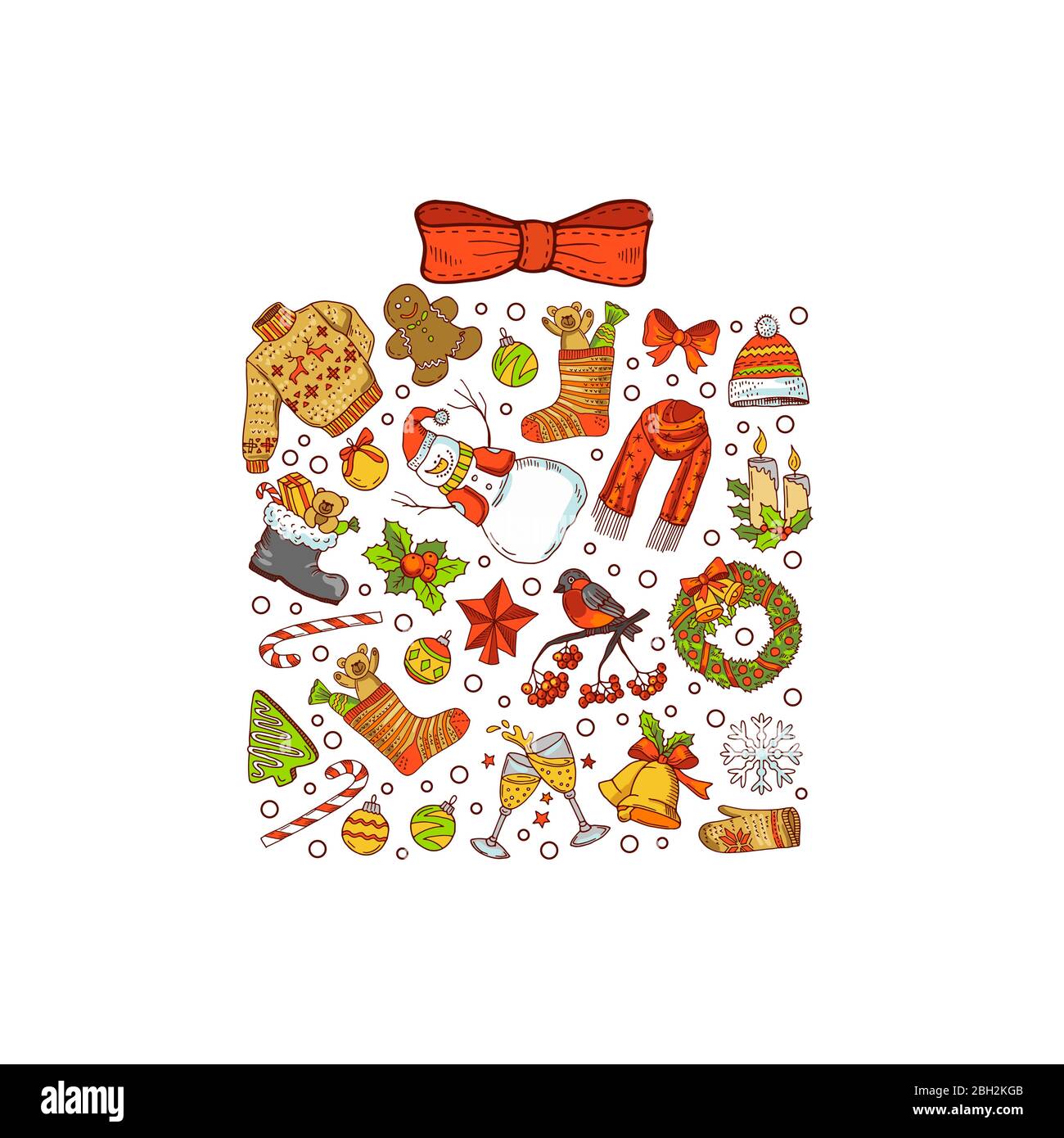 Vector hand drawn colored christmas gift box with bow, made of elements ...