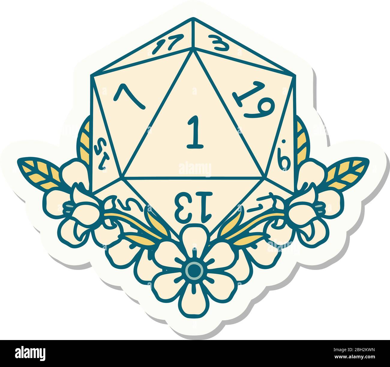 sticker of a natural one dice roll with floral elements Stock Vector ...