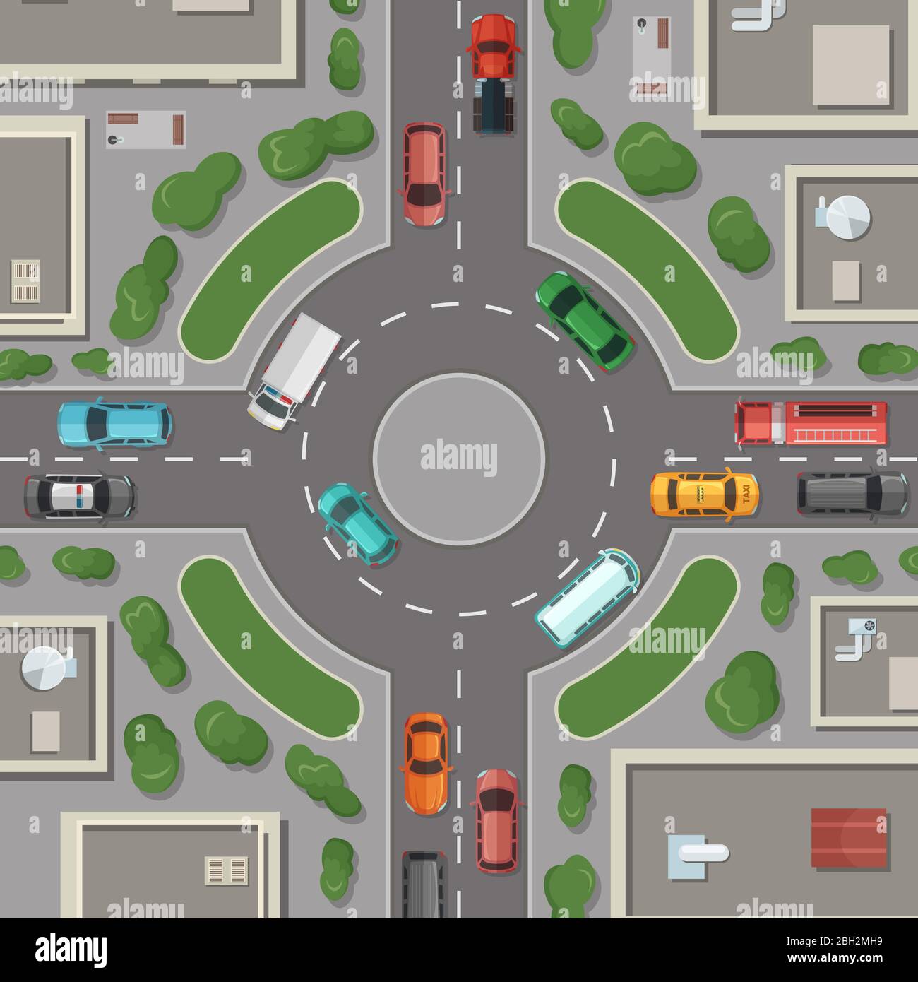 Vector city buildings, roads and cars top view illustration. Road round ...