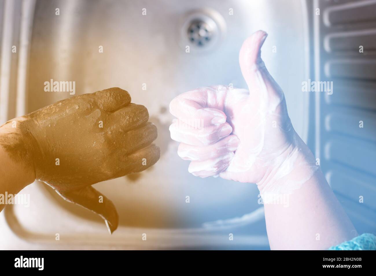one hand dirty in mud and other clean and washed with soap Stock Photo ...