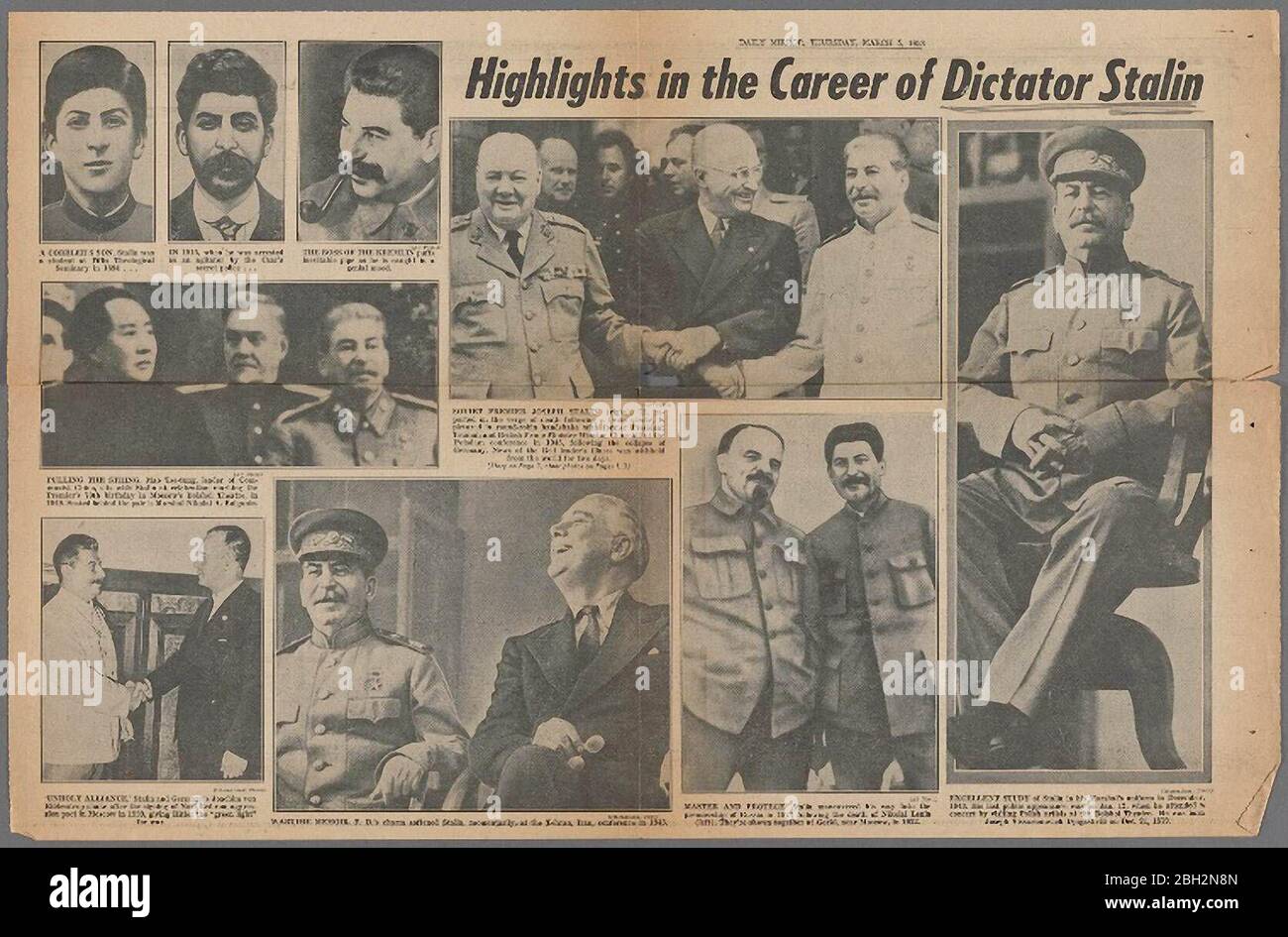 Highlights in the career of dictator Stalin. [Spread with nine ...