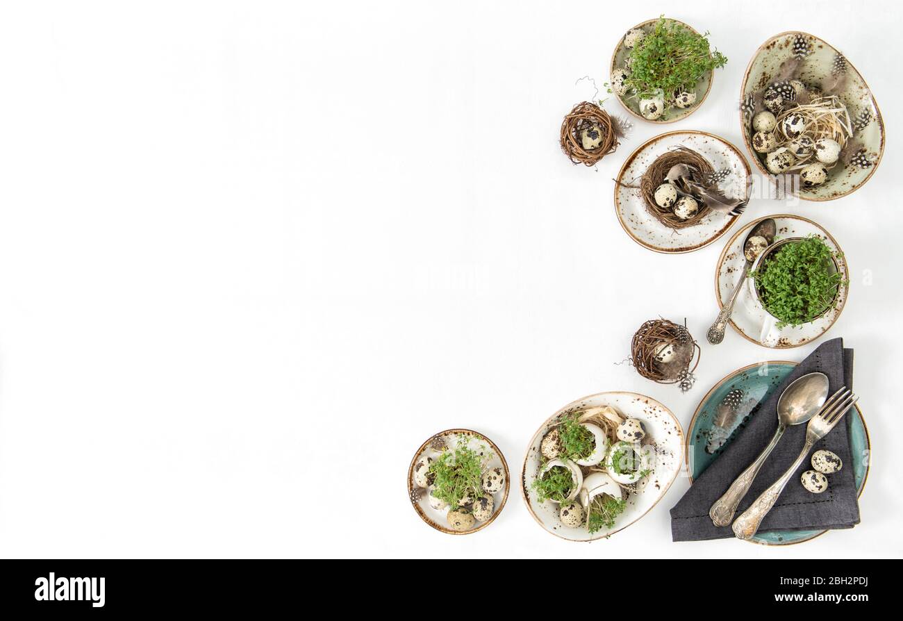 Easter flat lay. Festive decoration with natural and quail eggs Stock ...