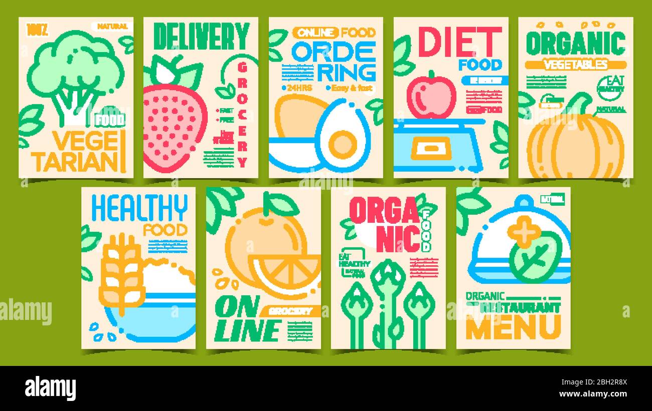 Healthy Organic Food Advertise Posters Set Vector Stock Vector Image ...