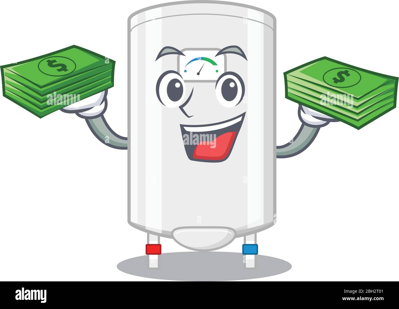 A wealthy gas water heater cartoon character having money on hands ...