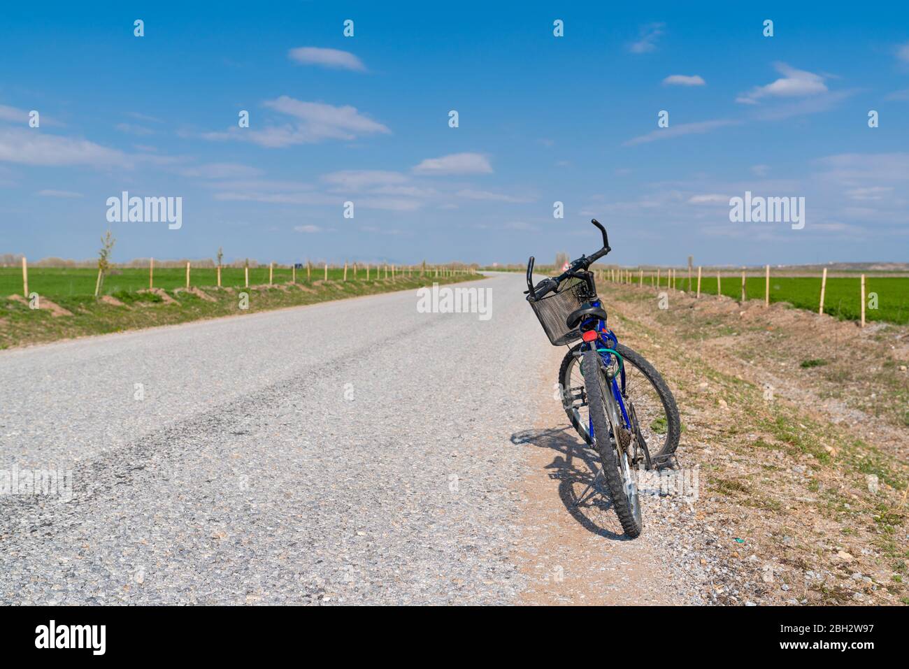 Rear view of a bicycle parked on an asphalt road and green fields on ...