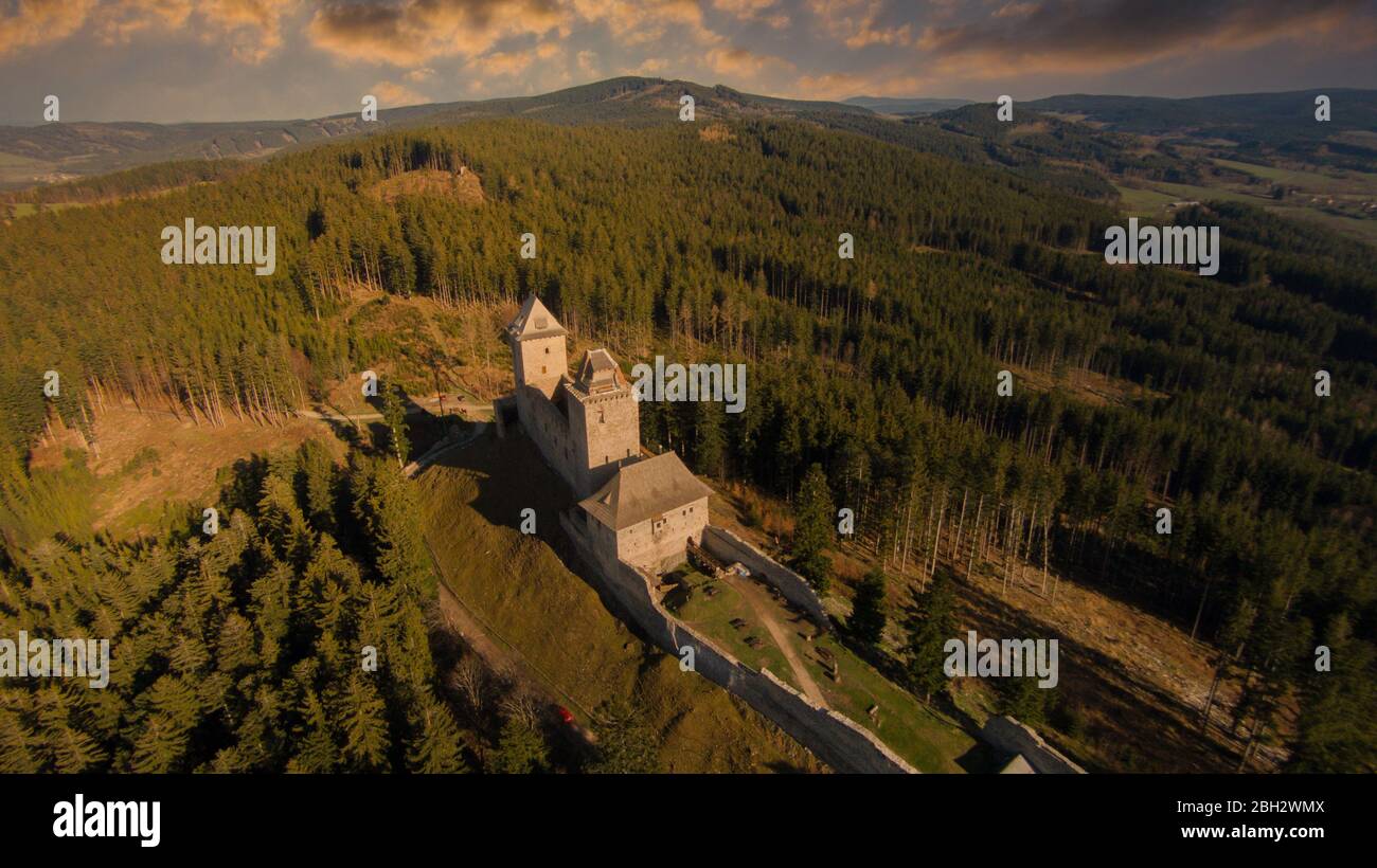 The Kasperk castle on a sunset, National Park Sumava. Czech republic ...