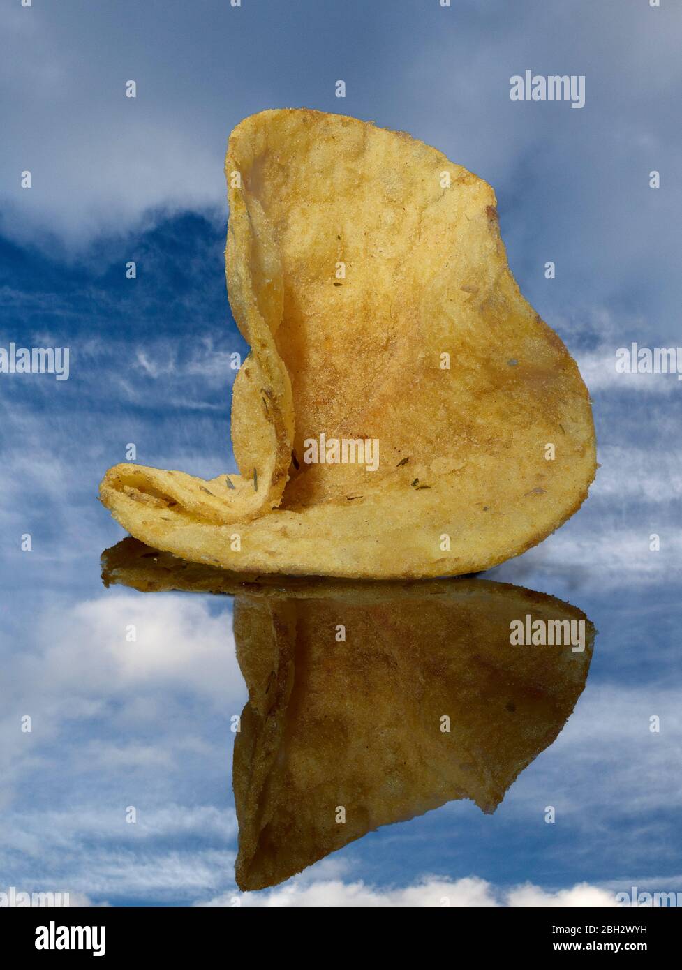 Close-up food portrait of potato chips (potato crisps) against plain ...