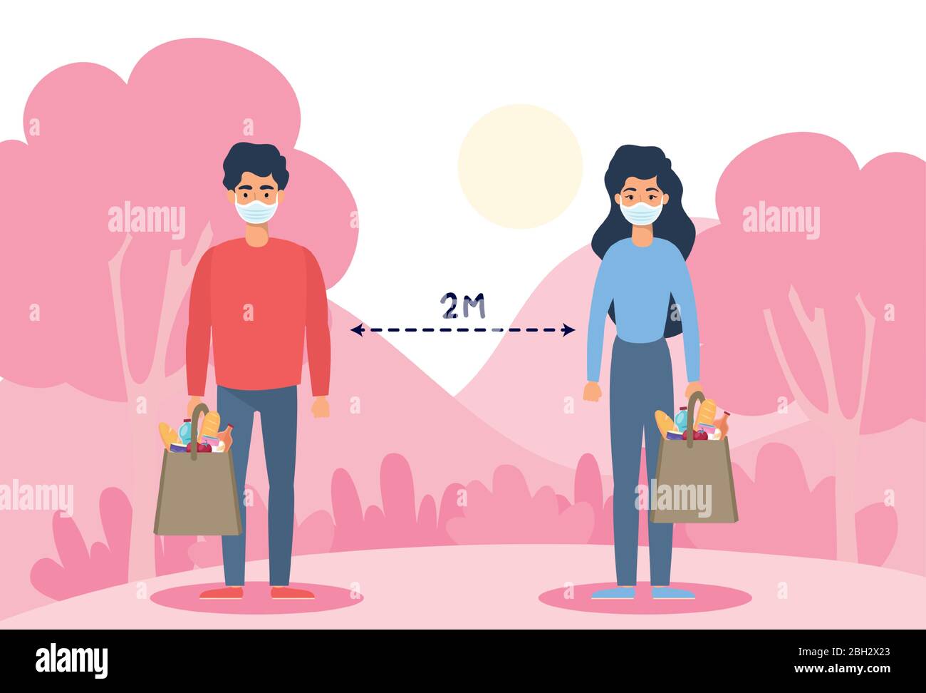 couple using face masks with groceries shopping bag and social ...