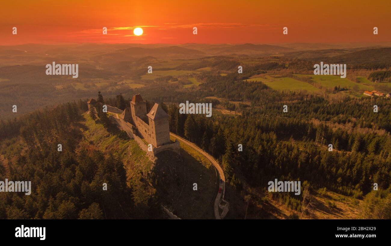 The Kasperk castle on a sunset, National Park Sumava. Czech republic ...