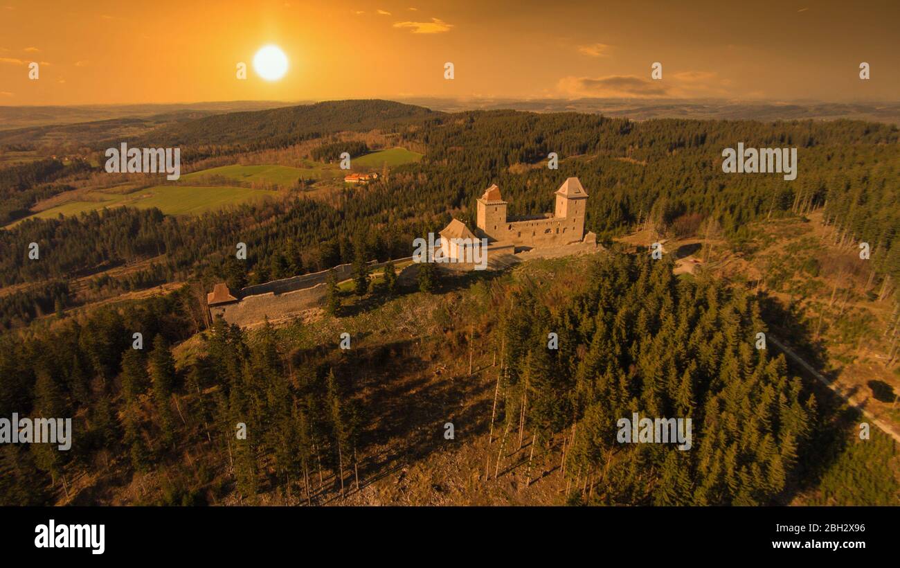 The Kasperk castle on a sunset, National Park Sumava. Czech republic ...
