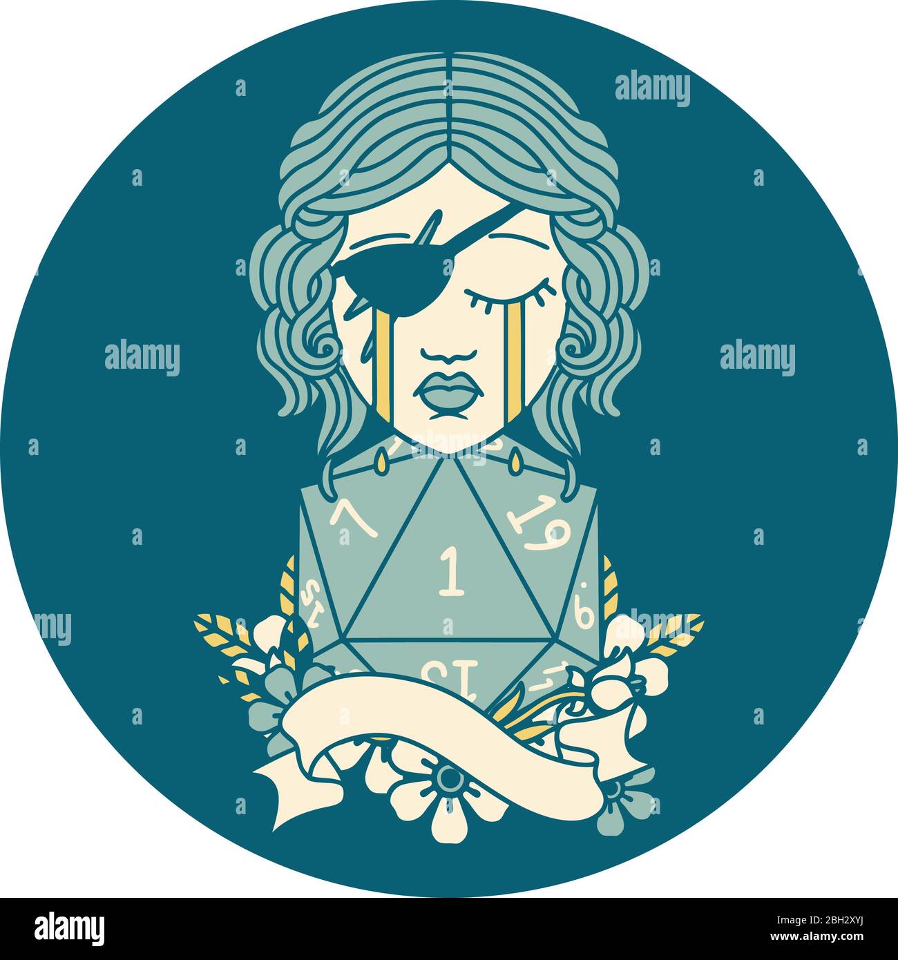 Retro Tattoo Style crying human rogue with natural one D20 roll Stock ...