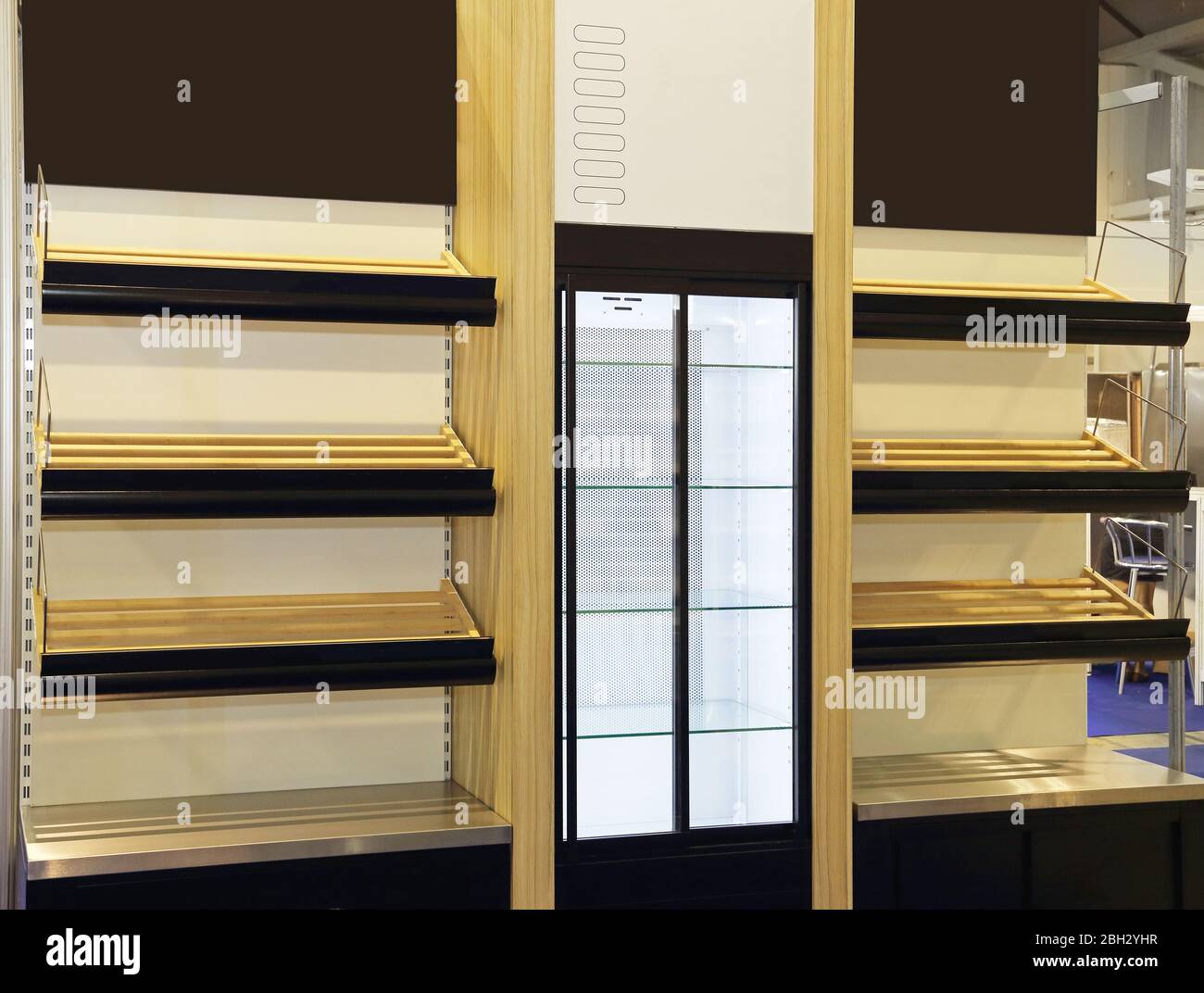 Empty Wooden Shelf for Bread and Display Fridge in Bakery Stock Photo ...