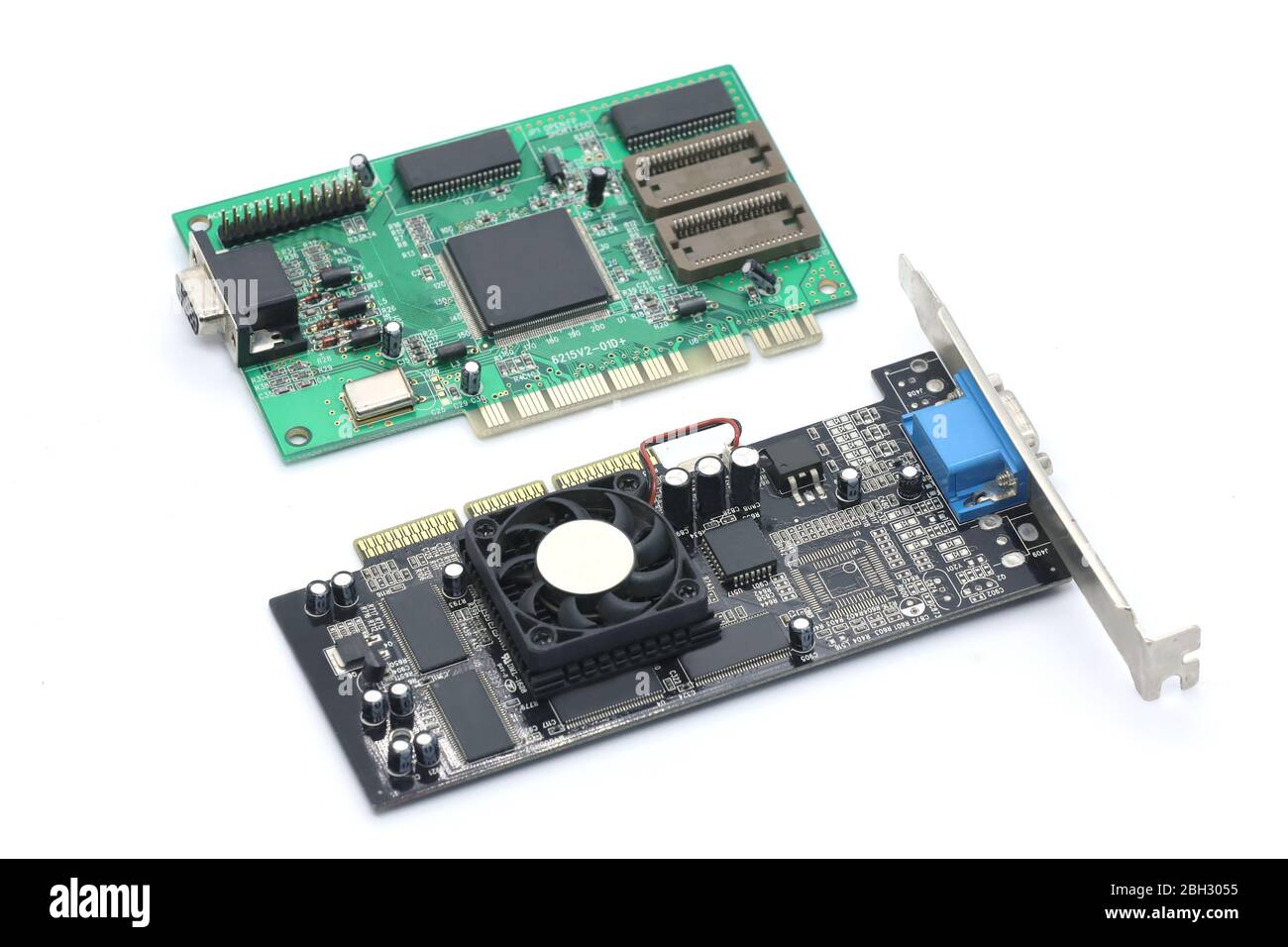 green computer chips, old video card isolated on a black background ...