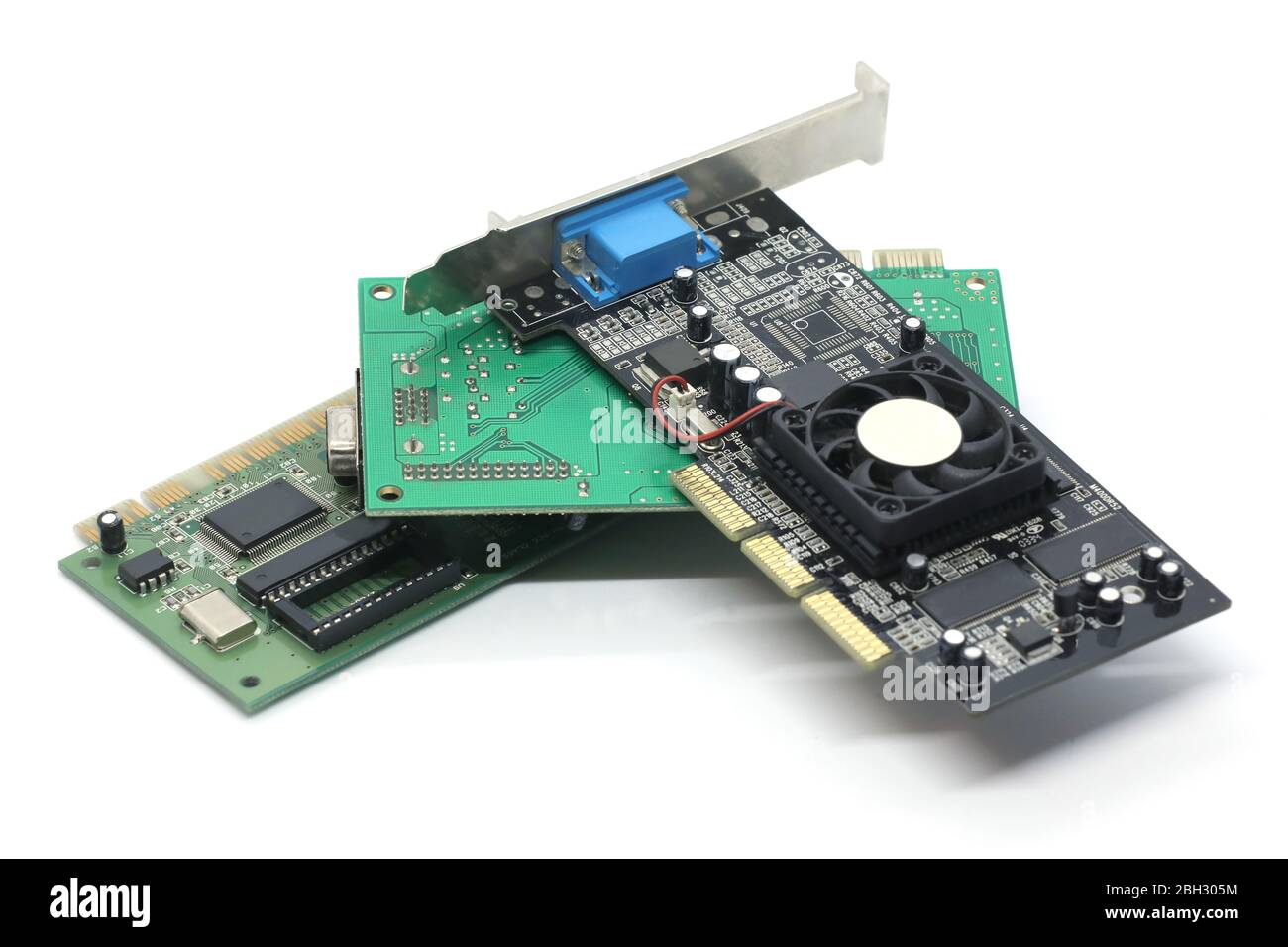 green computer chips, old video card isolated on a black background ...