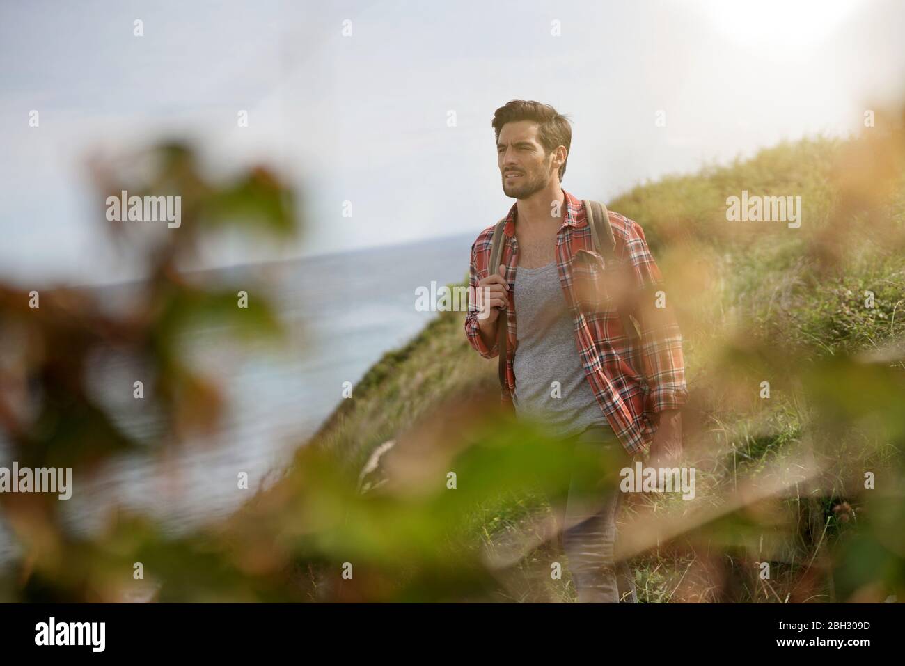 Man walking in country path by the sea Stock Photo - Alamy
