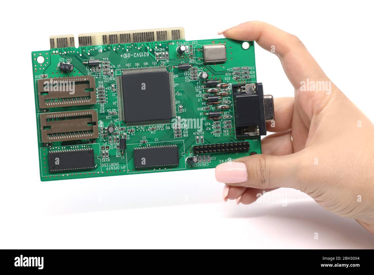 woman hand holding green computer chip isolated on a white background ...