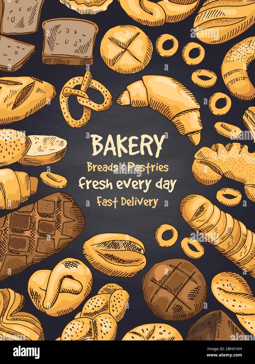 Illustration of bakery foods on black chalkboard. Poster or template of ...