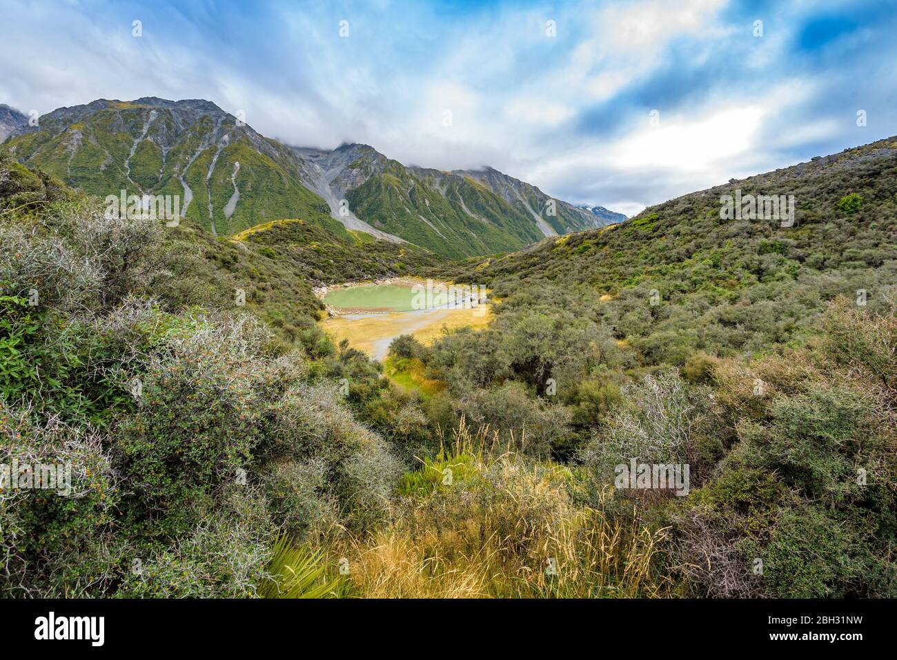 Tasman river valley. Blue Lakes formed by glacier ice meltwater. Aoraki ...
