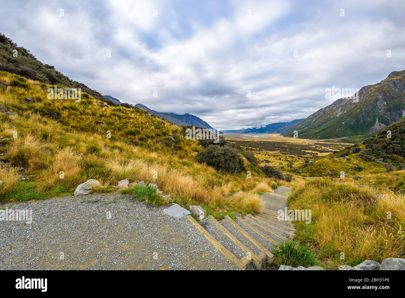 Tasman river valley. Blue Lakes formed by glacier ice meltwater. Aoraki ...