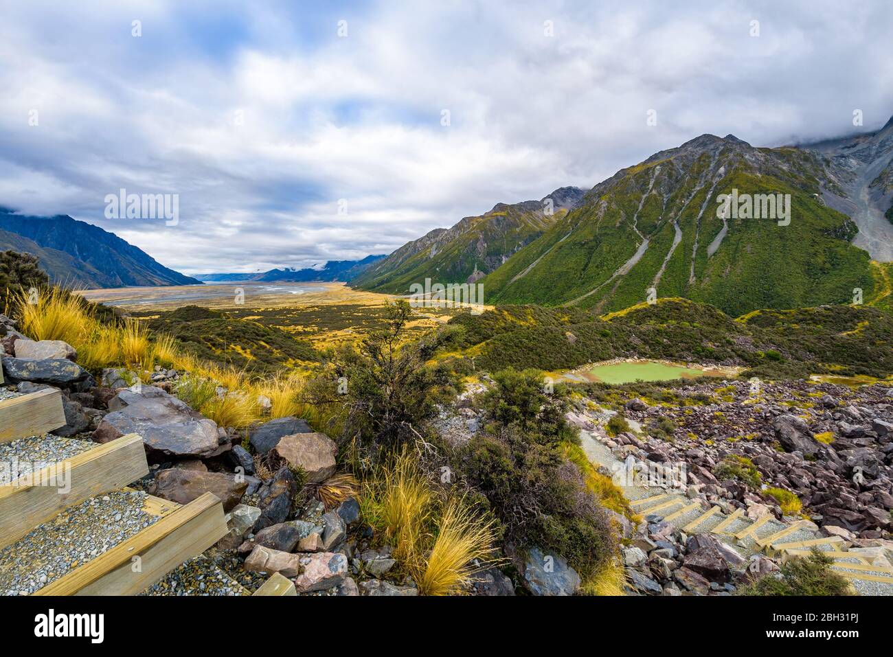 Tasman river valley. Blue Lakes formed by glacier ice meltwater. Aoraki ...