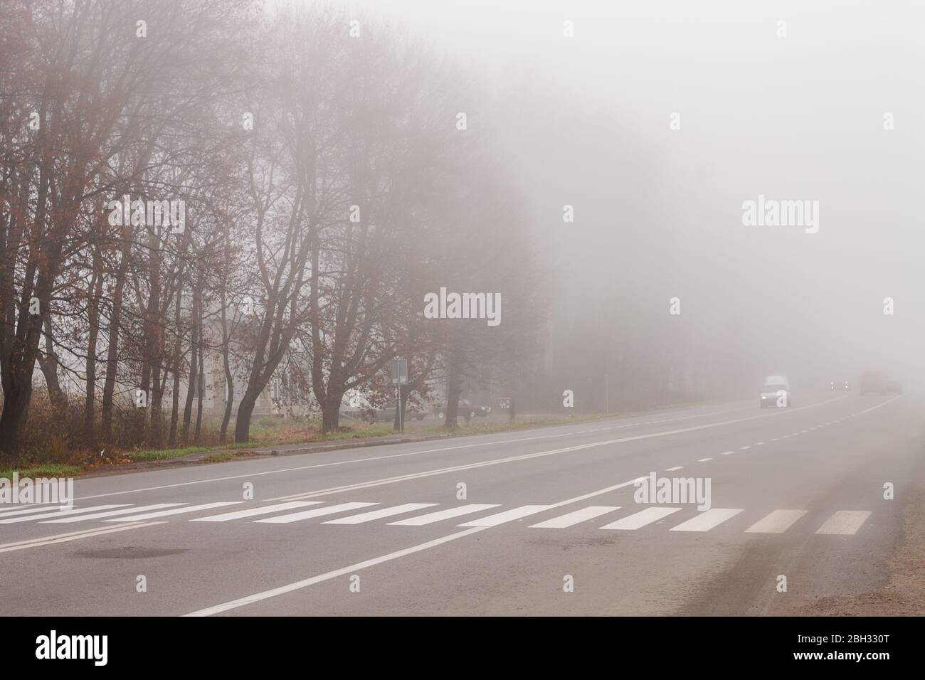 Thick misty fog and crosswalk in road with traffic, danger on the way ...