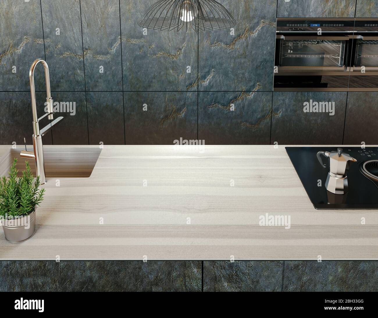 Kitchen countertop. Luxury Modern Living Room, 3d rendering ...