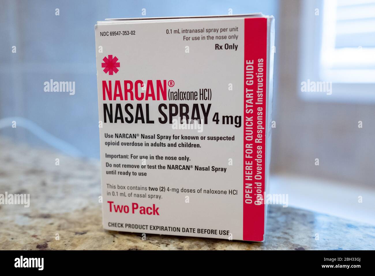 Close-up of box with logo for Narcan brand Naloxone nasal spray in ...