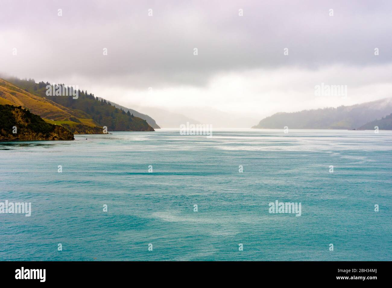 Stunning misty landscape from the ferry on the Cook strait between ...