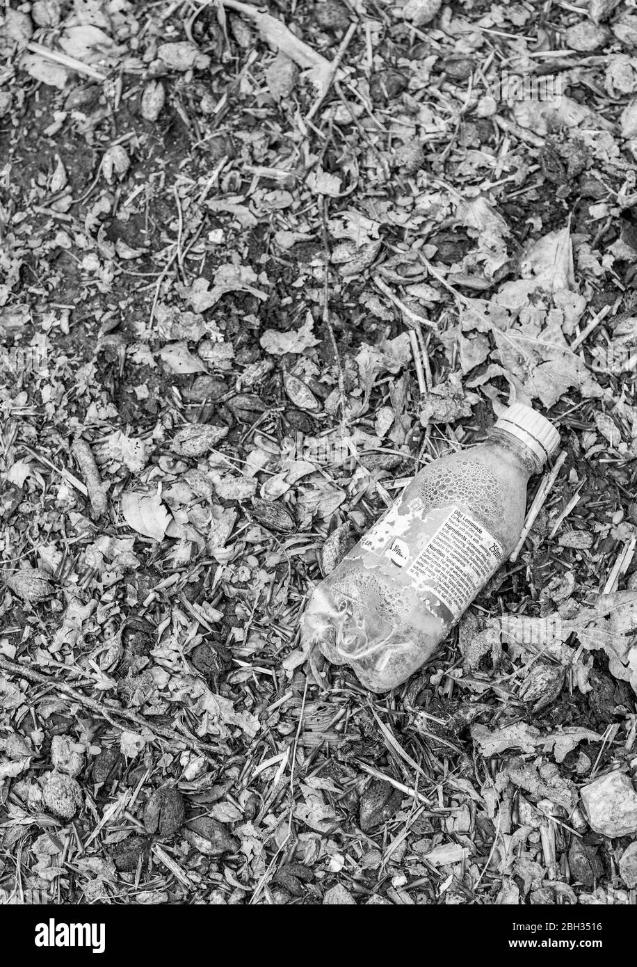 B&W soft drinks bottle on side of quiet country lane. Example of ...