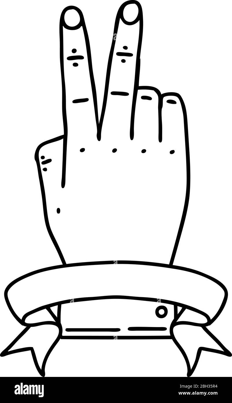 Black and White Tattoo linework Style victory v hand gesture with ...