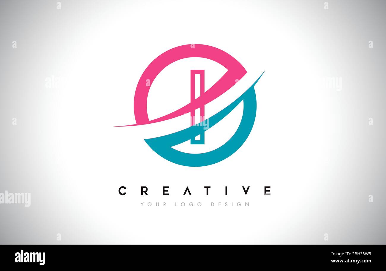 I Letter Design logo icon with circle and swoosh design and blue pink ...