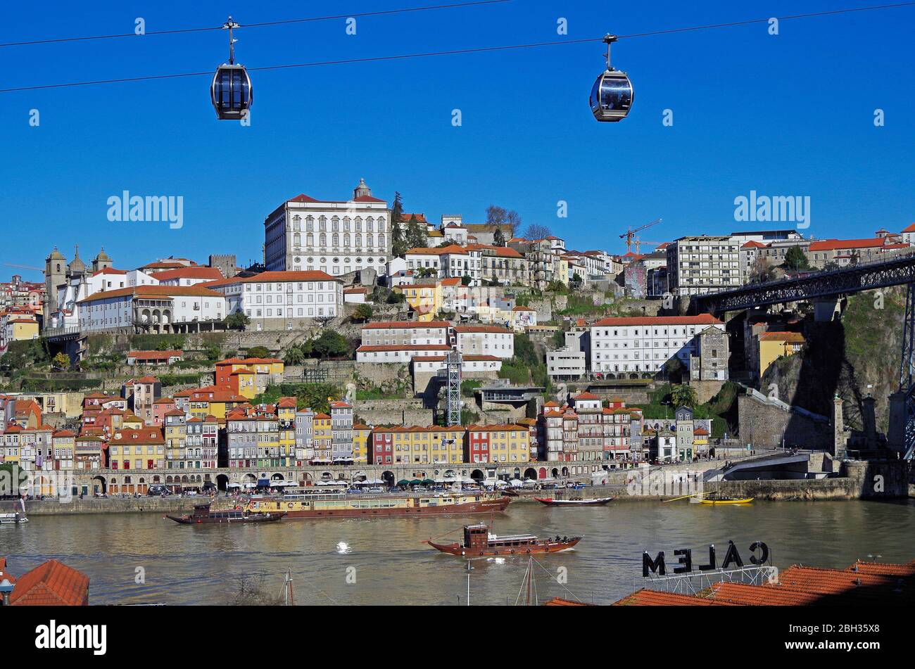The City of Porto viewed from across the river Douro with two cable ...