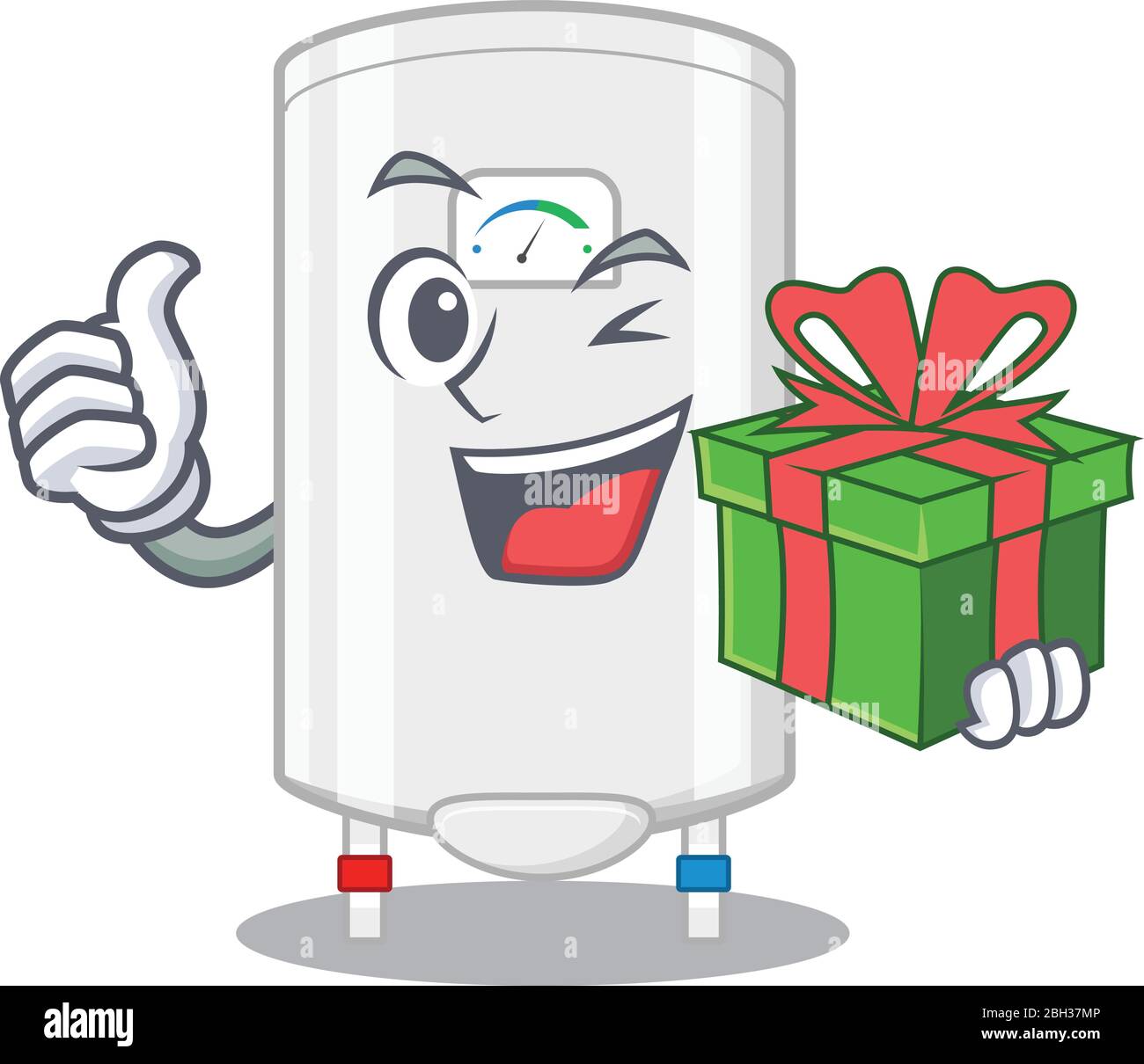 Smiling gas water heater cartoon character having a green gift box ...