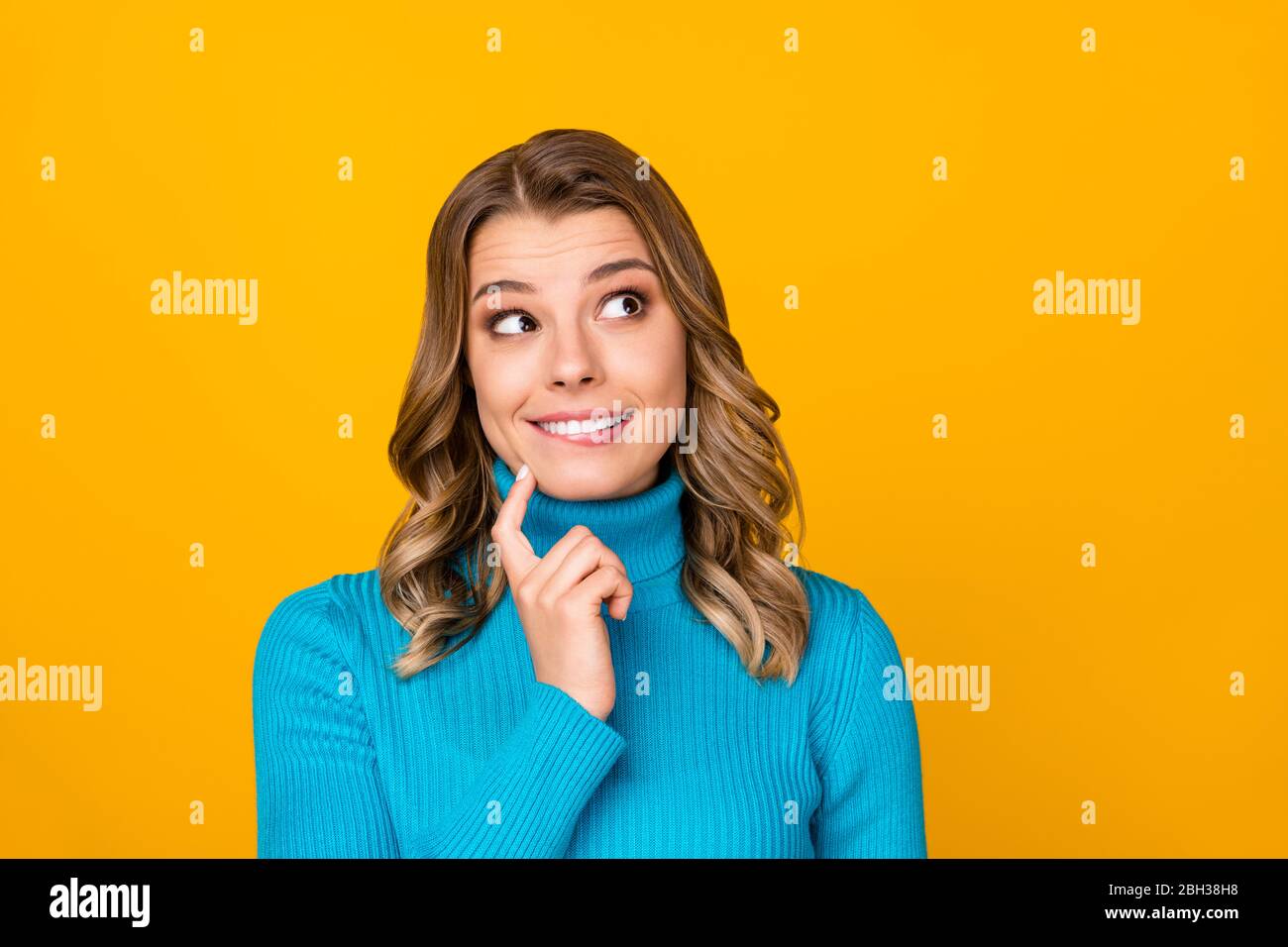 Closeup photo of attractive funny curly lady look up side empty space ...