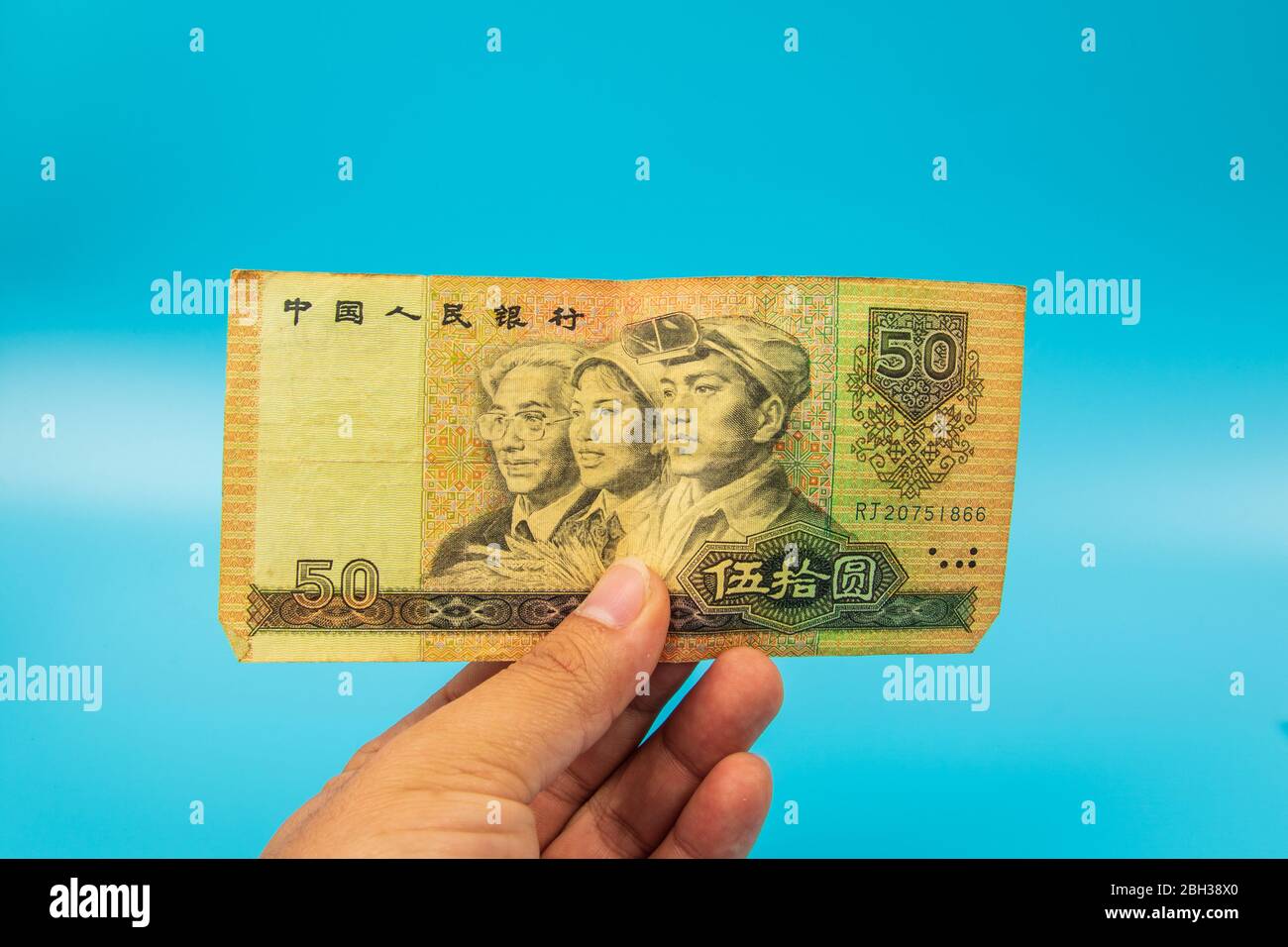 Man hold China 1980 old Banknotes. An Old paper banknote, vintage retro ...