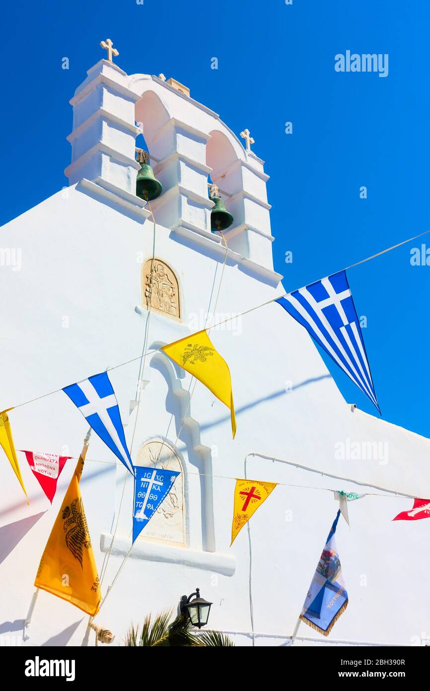 Greek othodox church drcorated by flags in celebration of religious ...
