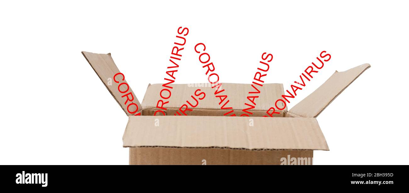 Opened cardboard shipment package box and virus cells. Transmission of ...
